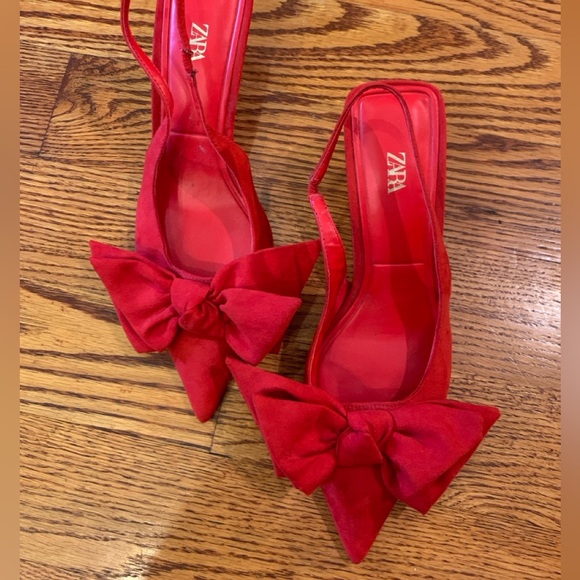 Zara | Shoes | Zara Red Slingback Heels With Bow | Poshmark